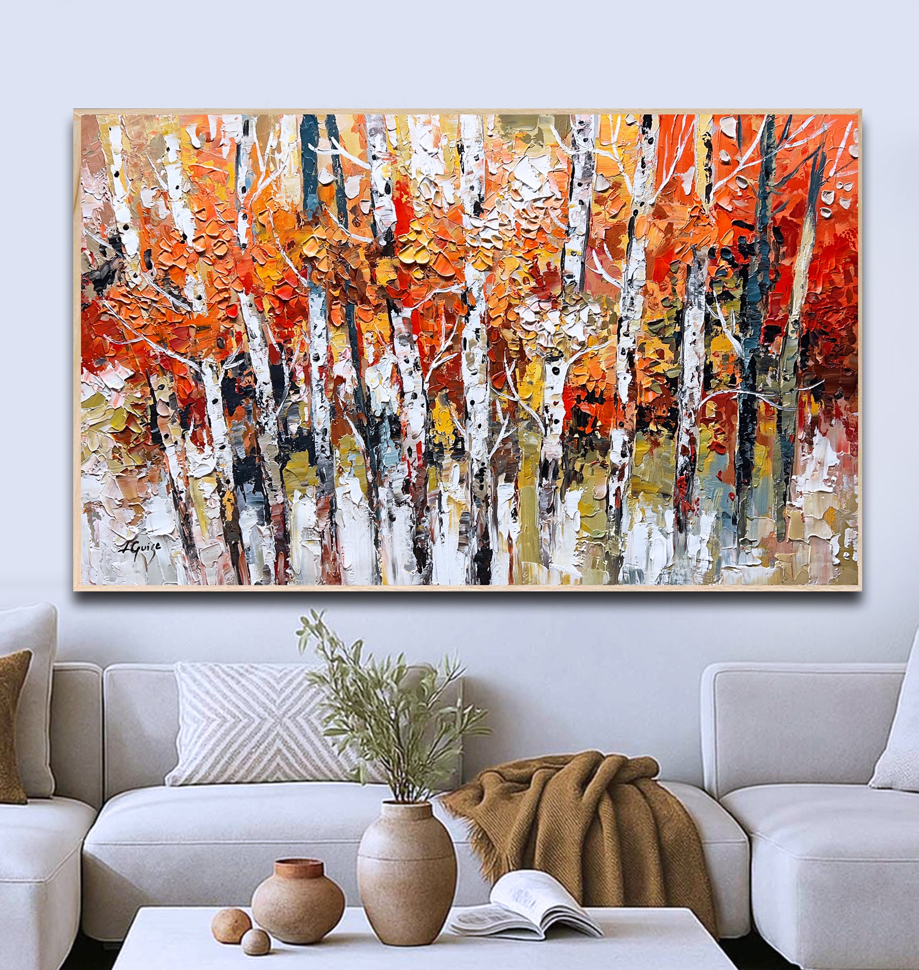 Firelight Forest – Textured Abstract Birch Painting in Autumn Colors ...
